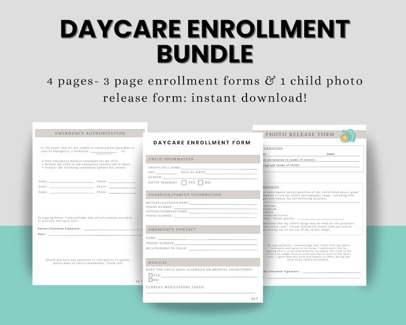 Daycare Enrollment Forms, Childcare Forms for Parents, Printable ...