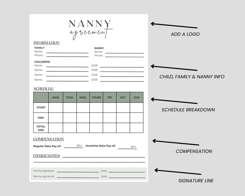NANNY AGREEMENT Contract, Printable Nanny Contract, Fillable PDF ...