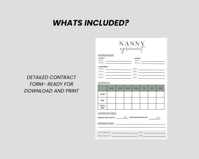 NANNY AGREEMENT Contract, Printable Nanny Contract, Fillable PDF ...