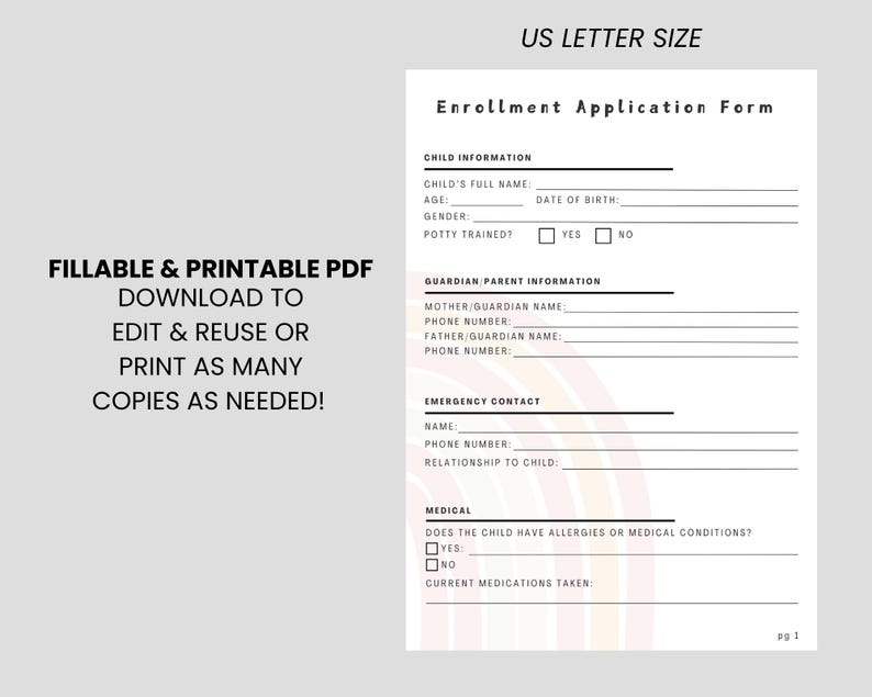 DAYCARE ENROLLMENT APPLICATION. Childcare Application Form. Daycare ...