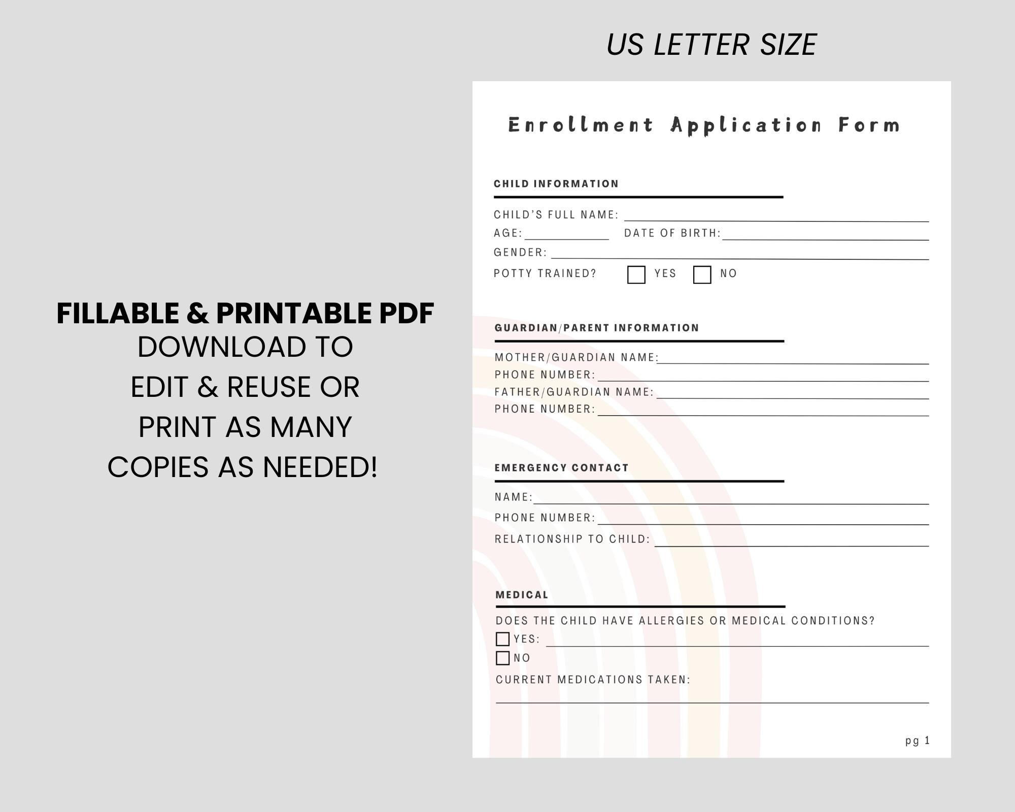 DAYCARE ENROLLMENT APPLICATION. Childcare Application Form. Daycare ...