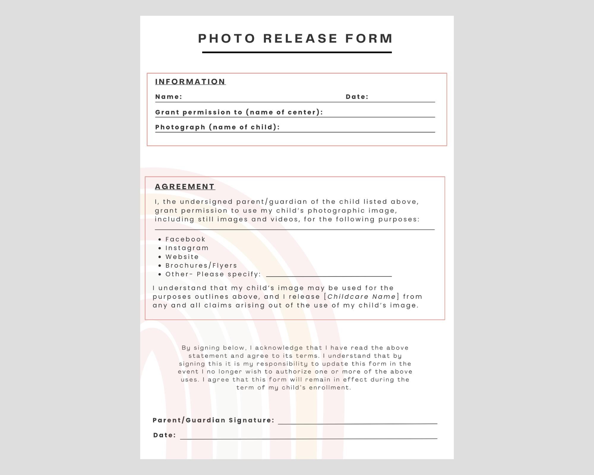 CHILDCARE PHOTO RELEASE Form, Home Daycare Forms, Daycare Forms ...