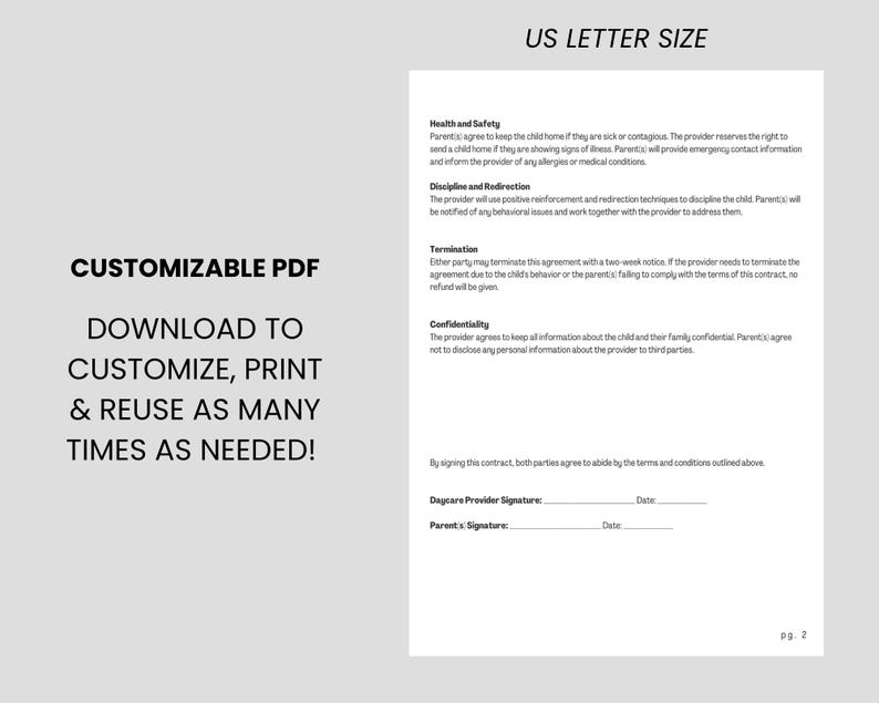 HOME DAYCARE Contract PDF Template, Childcare Agreement for Parents ...