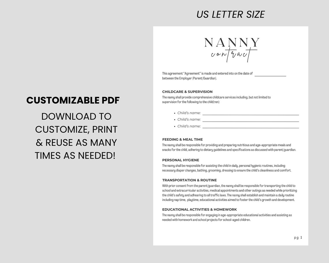 EDITABLE Nanny Contract Template, Nanny Agreement Worksheet, Babysitter ...