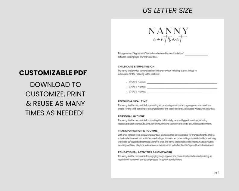 EDITABLE Nanny Contract Template, Nanny Agreement Worksheet, Babysitter ...