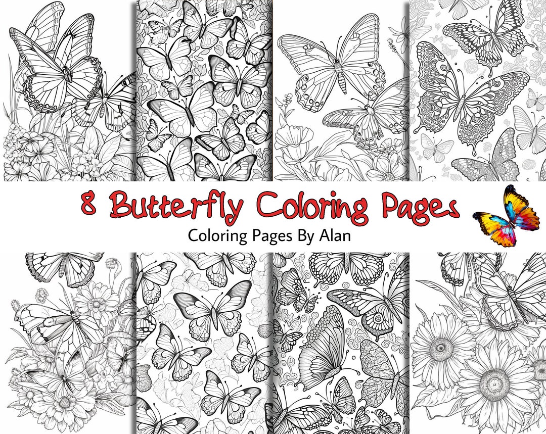 8 Digital Butterfly Coloring Pages, - Etsy