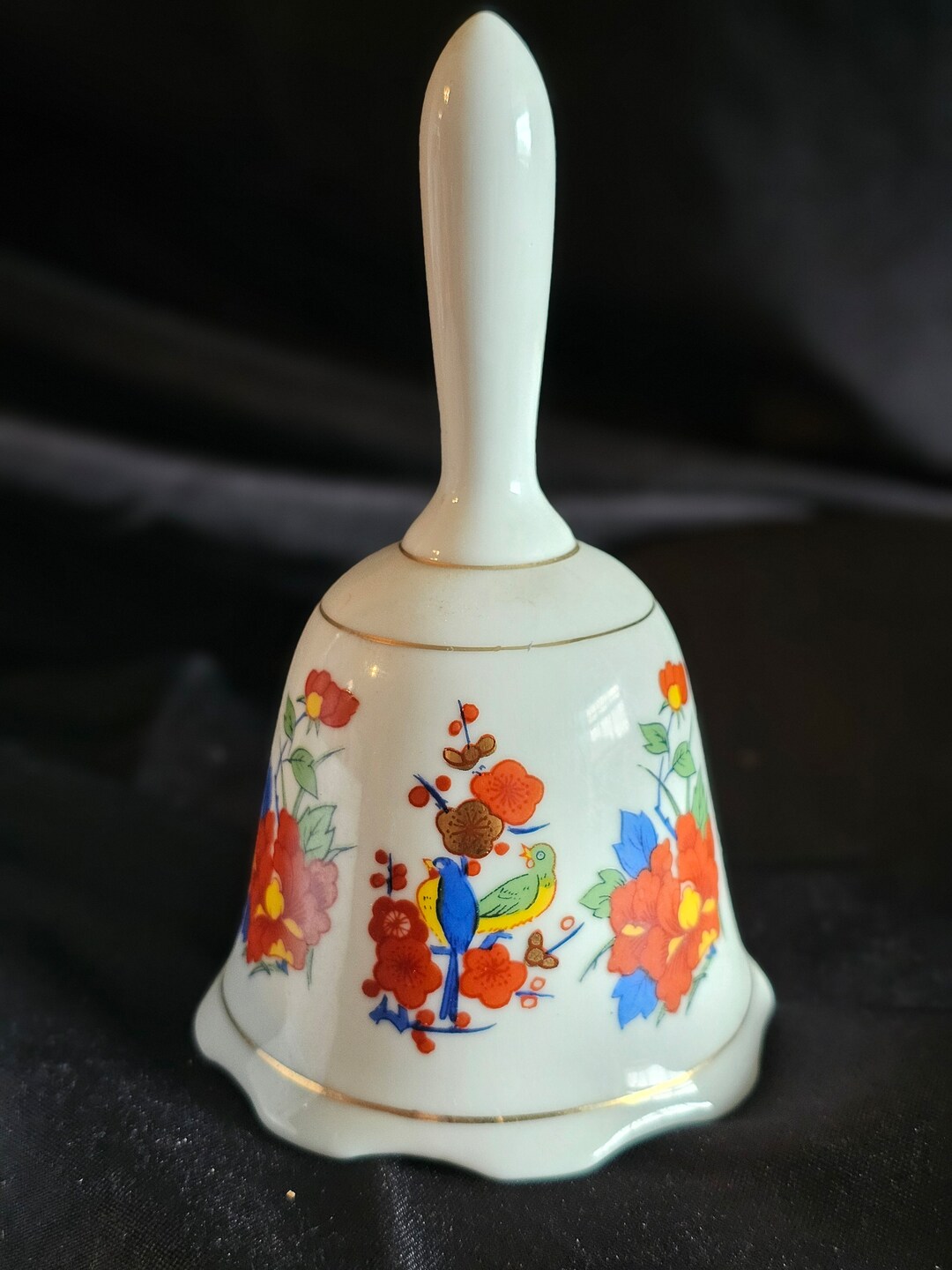 Vintage Porcelain Bell With Blue and Green Birds on Red Flowers With ...