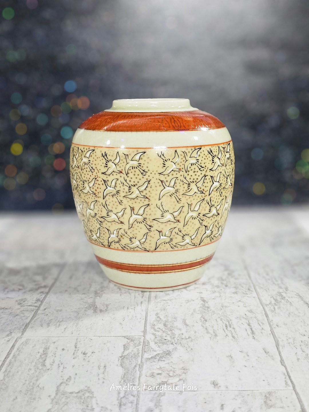 Vintage Hand Painted Ginger Jar thousand Cranes Over Ivory Color With ...