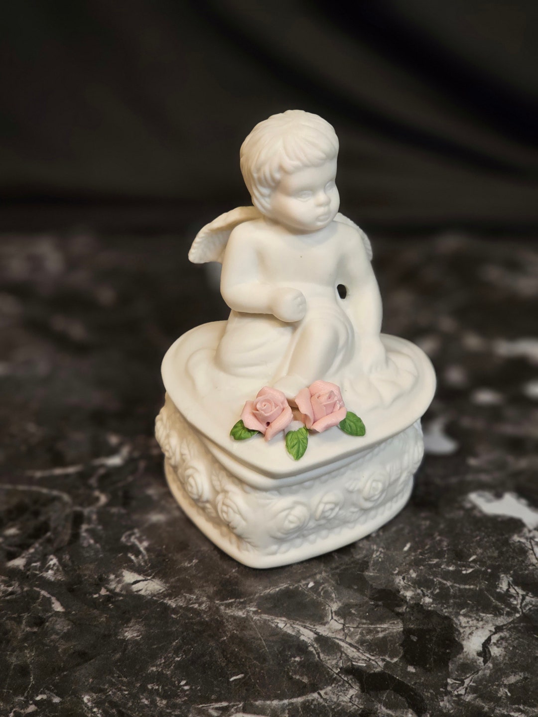 Vintage Ceramic White Cherub Angel Heart Shaped Trinket Box or Small ...