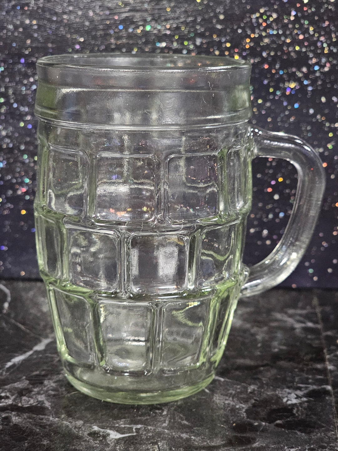 Vintage Clear Glass Mug With Handle Square Panel Block Pattern Barrel ...