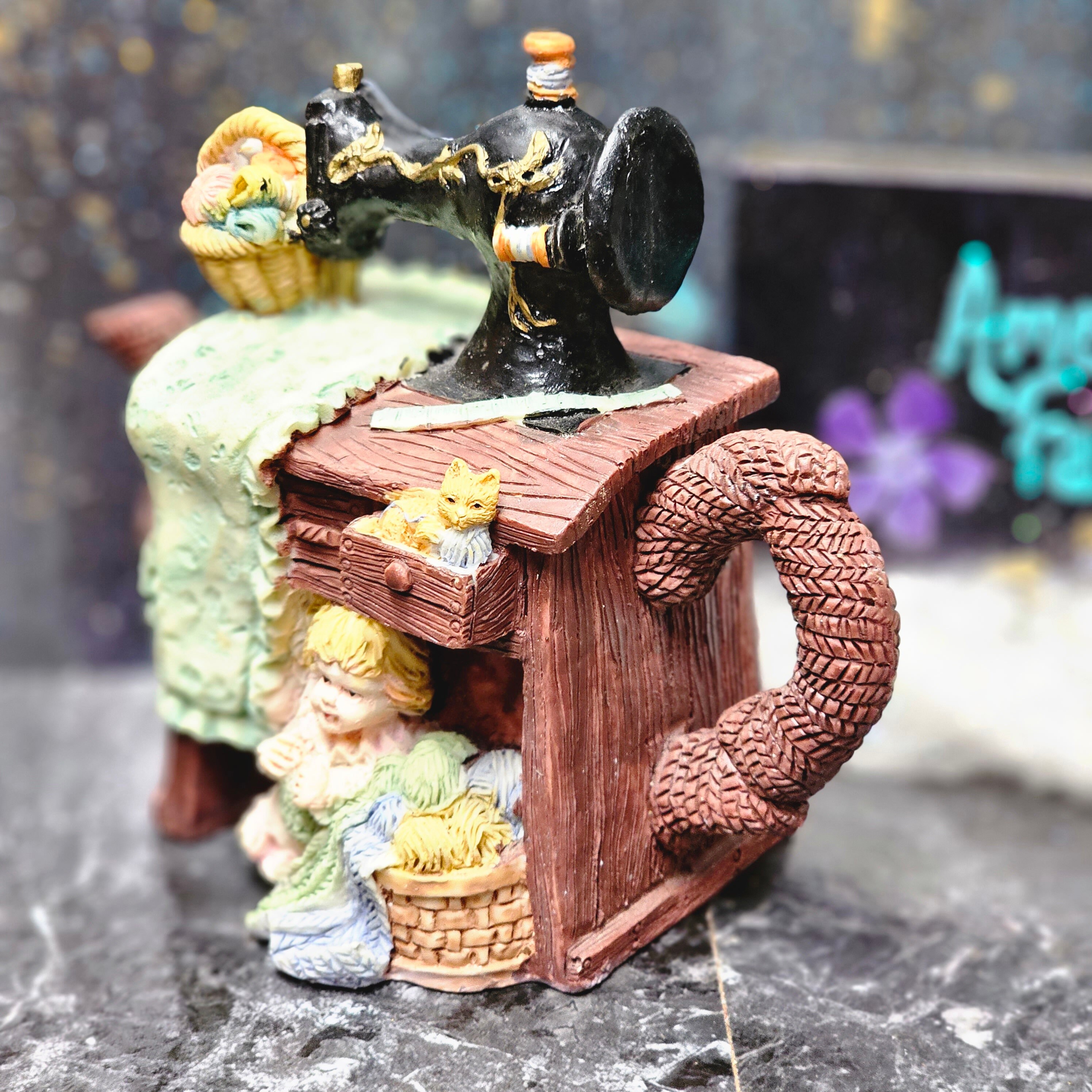 Vintage Sewing Machine Figurine With Small Child and Cat Cute Retro ...