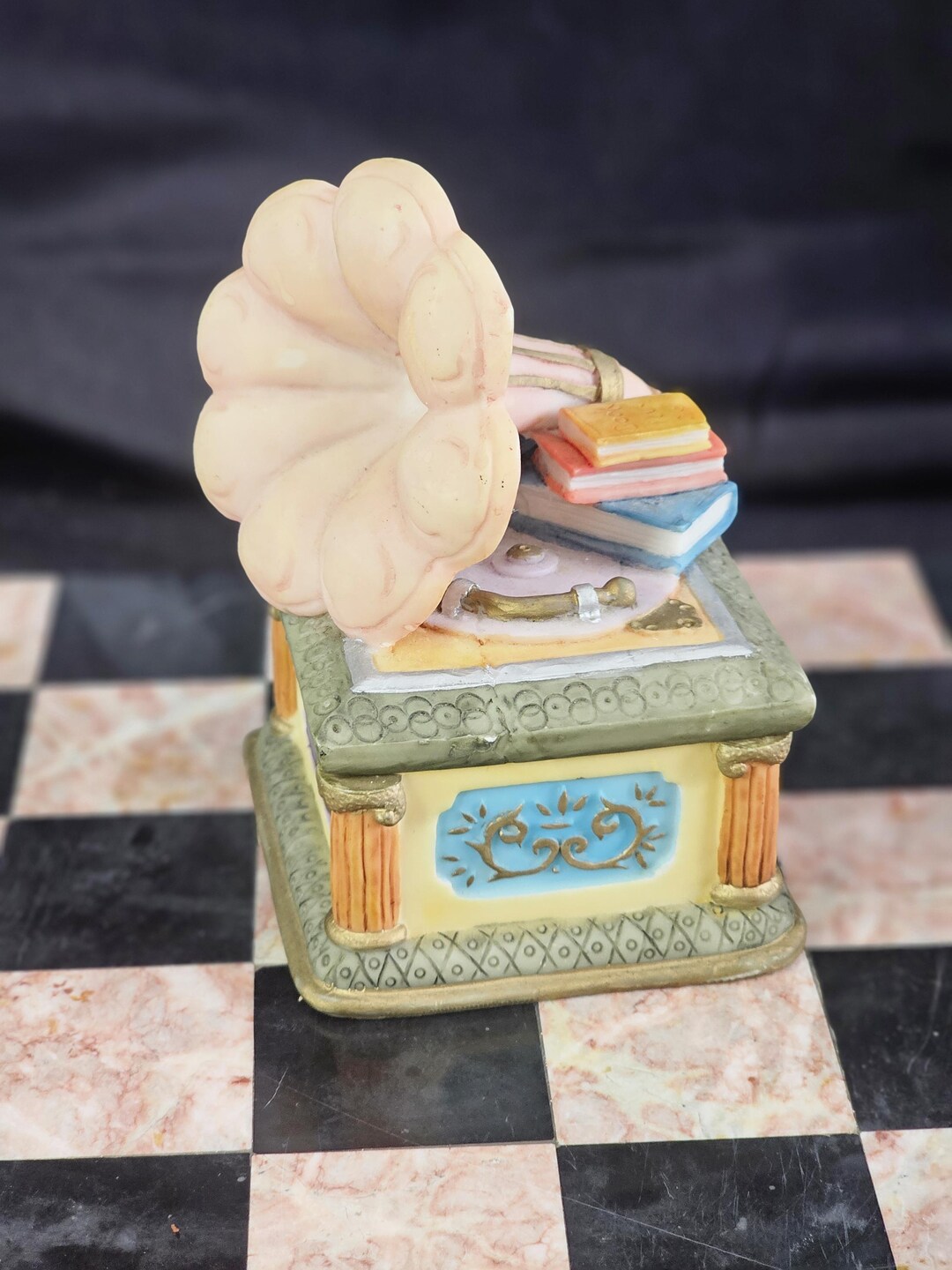 Gramophone Victrola Phonograph Music Trinket Box Ceramic Hand Painted ...