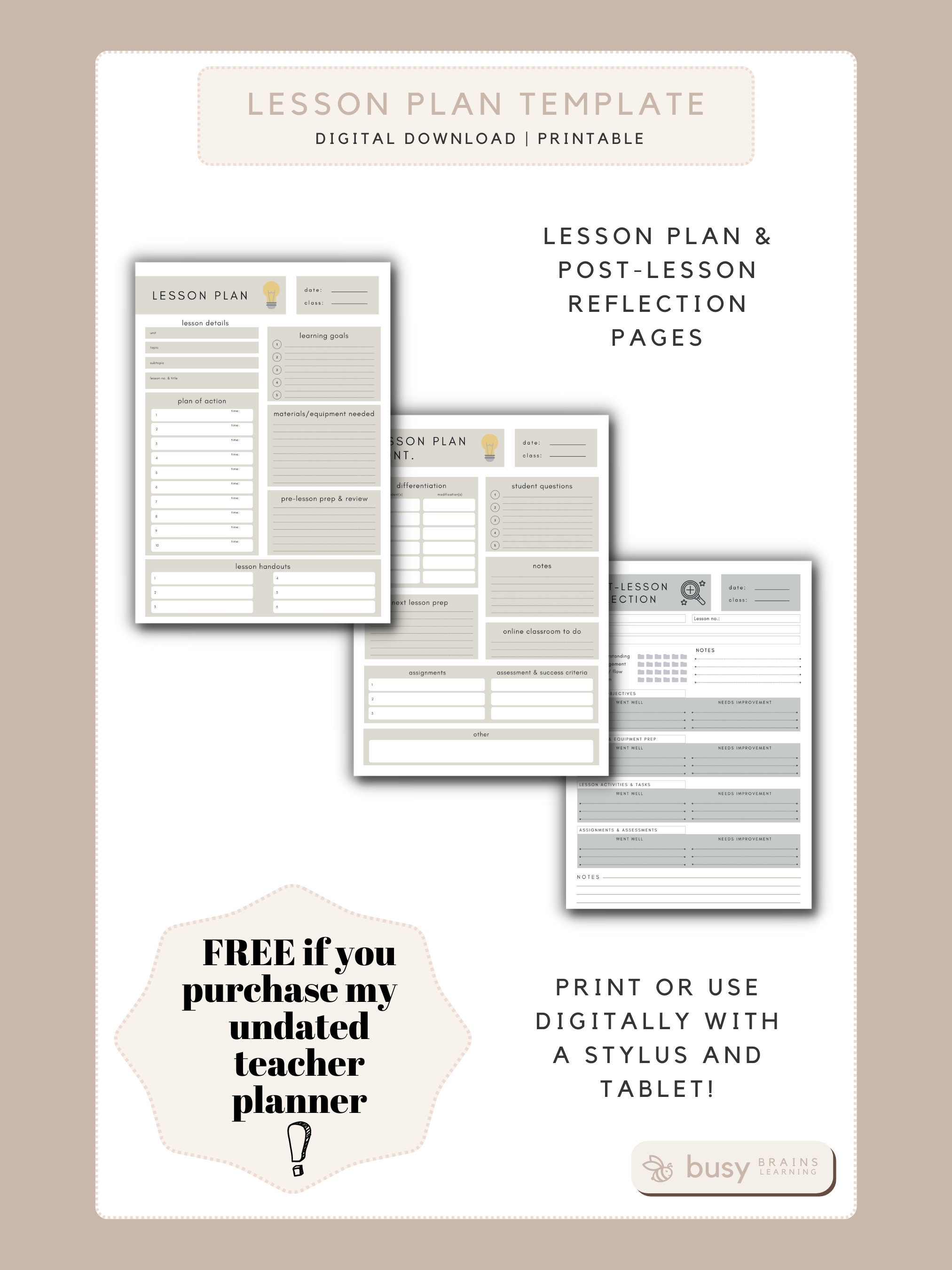 Lesson Plan Template W. Post Lesson Reflection | Plan, Track & Assess - Etsy