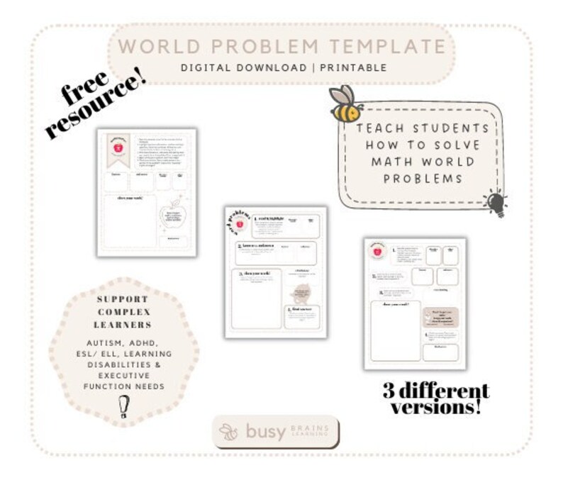 Math World Problem Template ASD, Executive Function, ADHD, ESL, Sp.ed ...