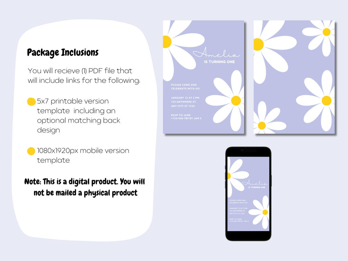 Daisy Editable Invitation Template | Digital Invite | Printable Party ...