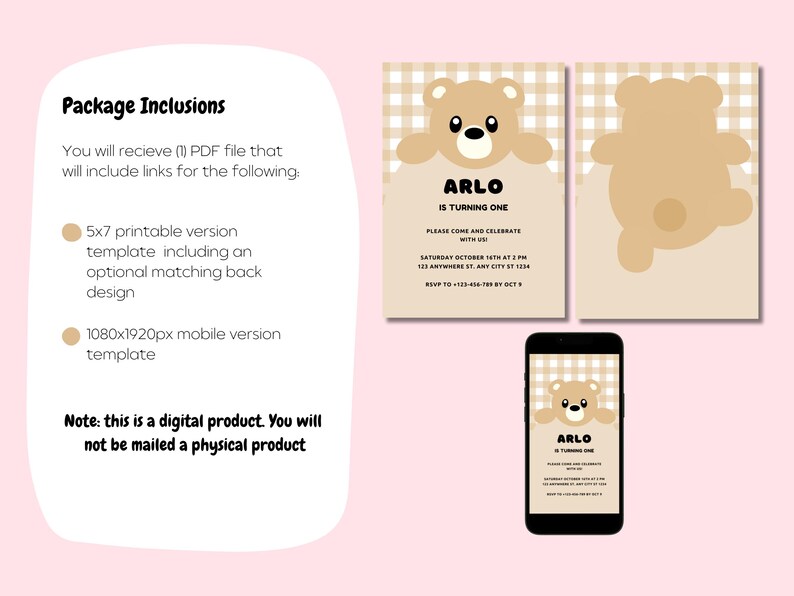 Bear Editable Invitation Template | Digital Invite | Printable Party ...