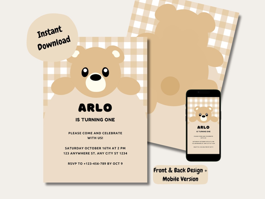 Bear Editable Invitation Template | Digital Invite | Printable Party ...