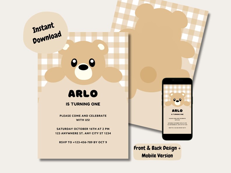 Bear Editable Invitation Template | Digital Invite | Printable Party ...