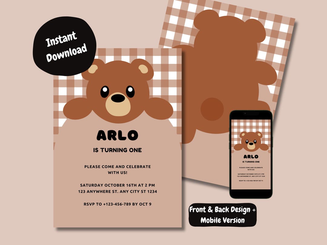 Bear Editable Invitation Template | Digital Invite | Printable Party ...