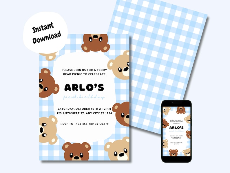 Bear Editable Invitation Template | Digital Invite | Printable Party ...