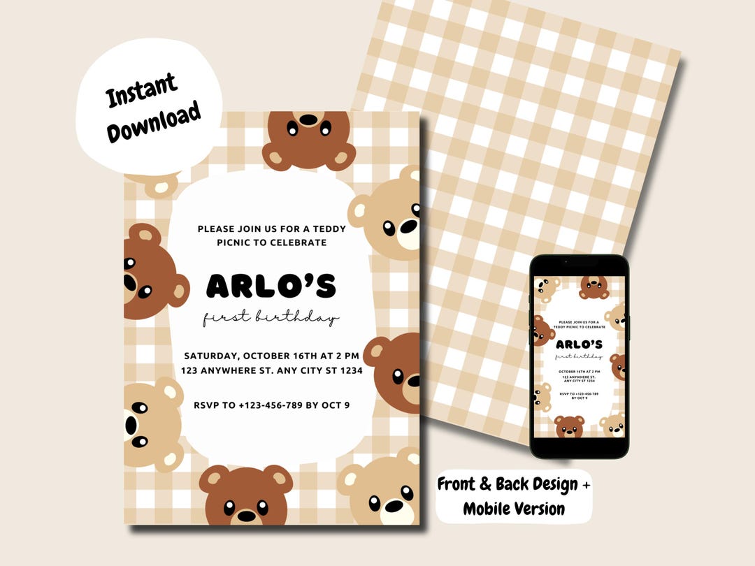 Bear Editable Invitation Template | Digital Invite | Printable Party ...