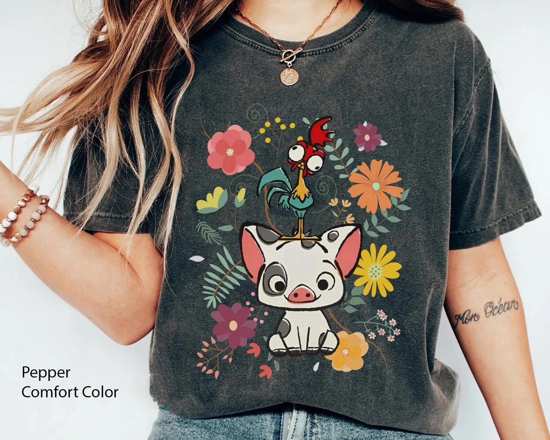 Retro 70s Pua and Hei Hei Floral Comfort Colors T-shirt, Disney Moana ...
