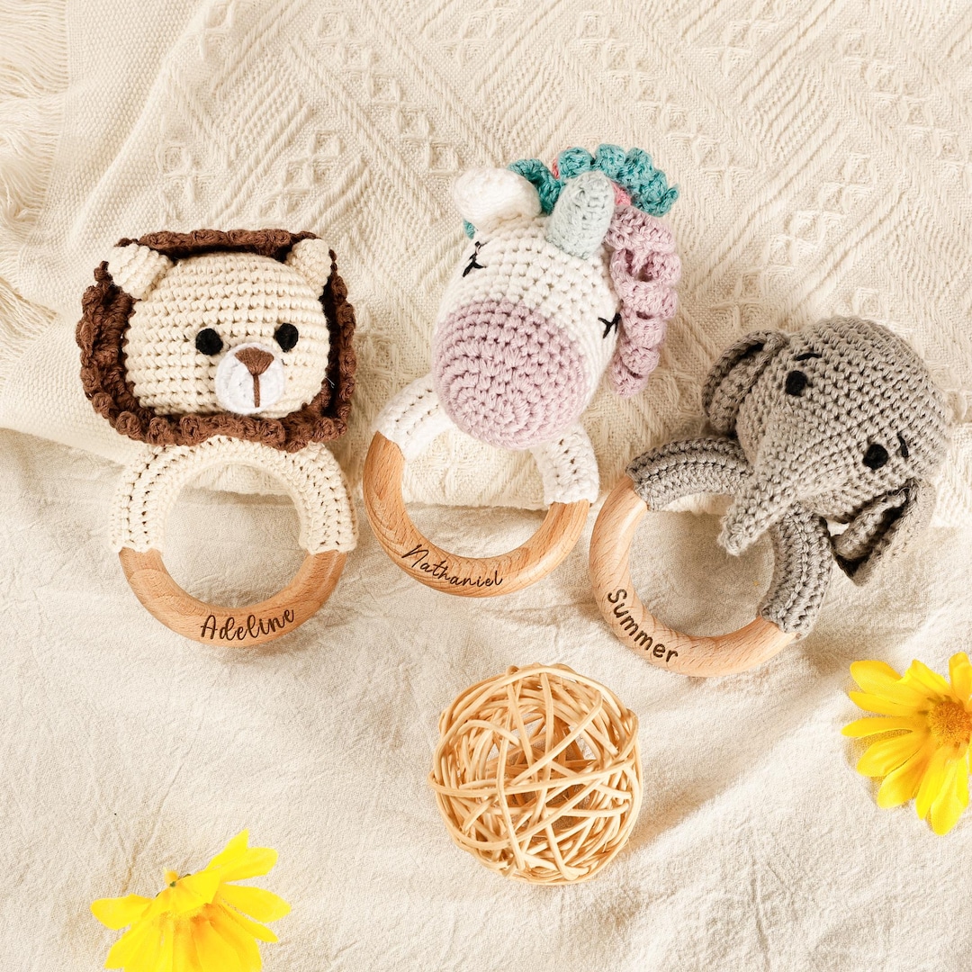 Personalized Crochet Rattle, Custom Wooden Baby Rattle, Baby Rattle ...