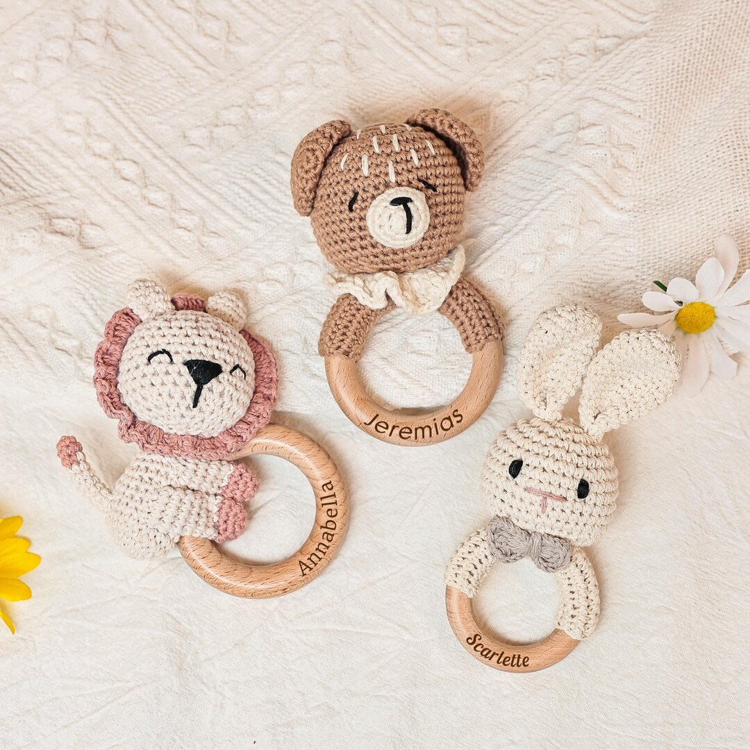 Personalized Crochet Rattle, Custom Wooden Baby Rattle, Baby Rattle ...