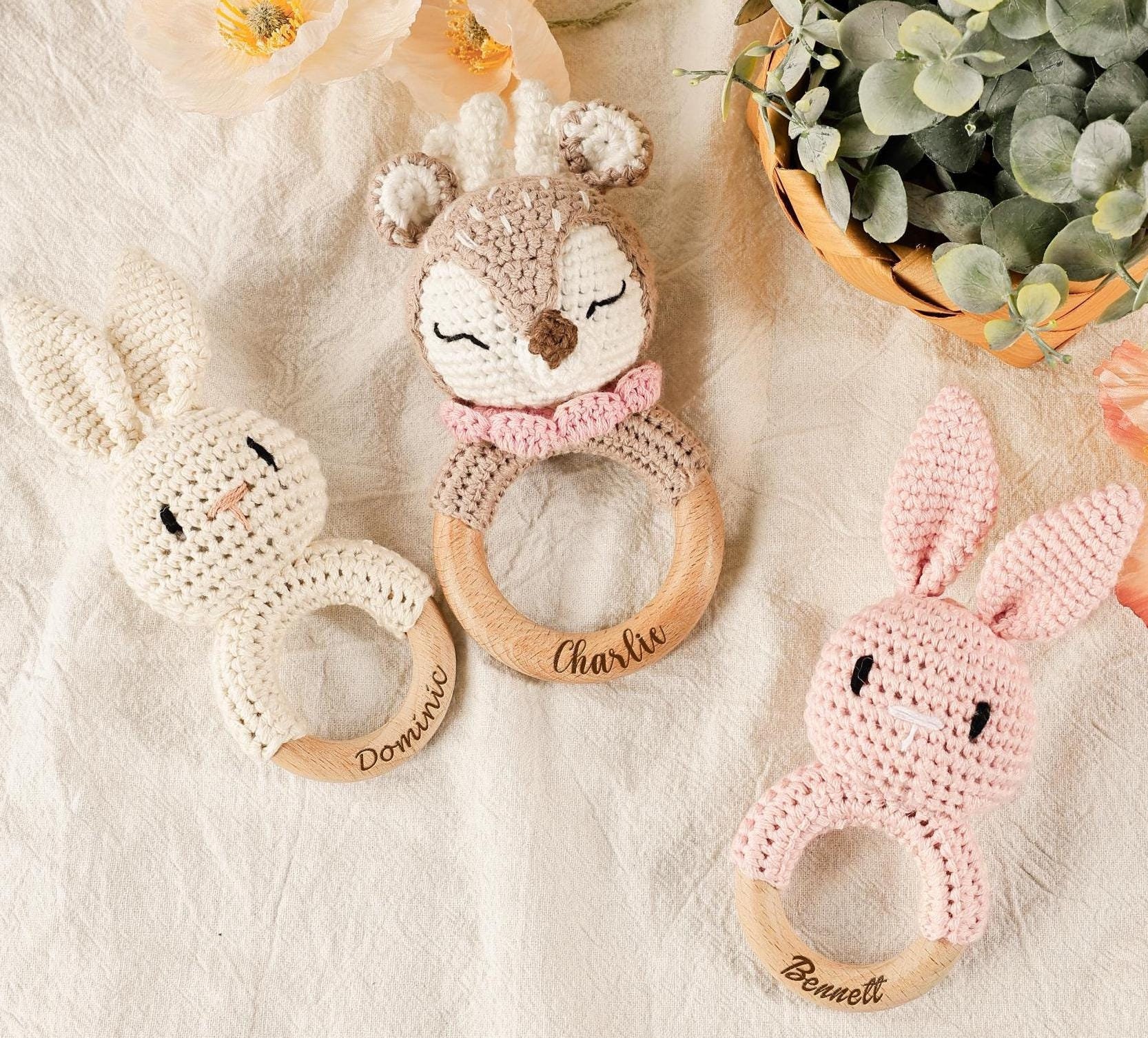 Personalized Crochet Rattle, Custom Wooden Baby Rattle, Baby Rattle ...