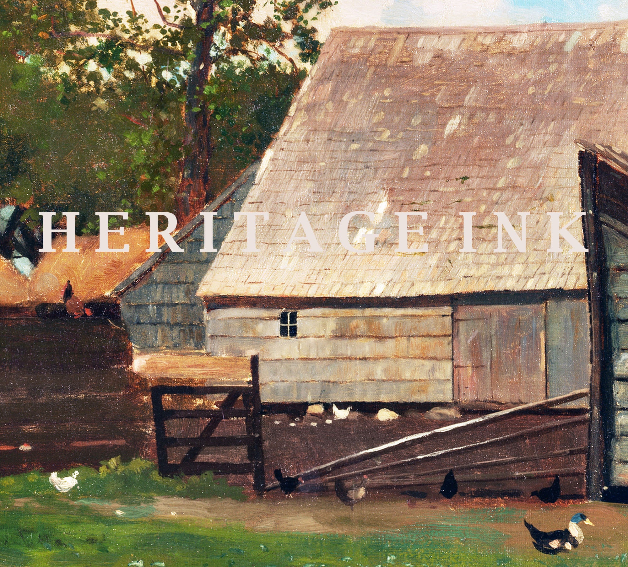Farmyard Ducks Chickens Art Print | Vintage Country Landscape Livestock ...