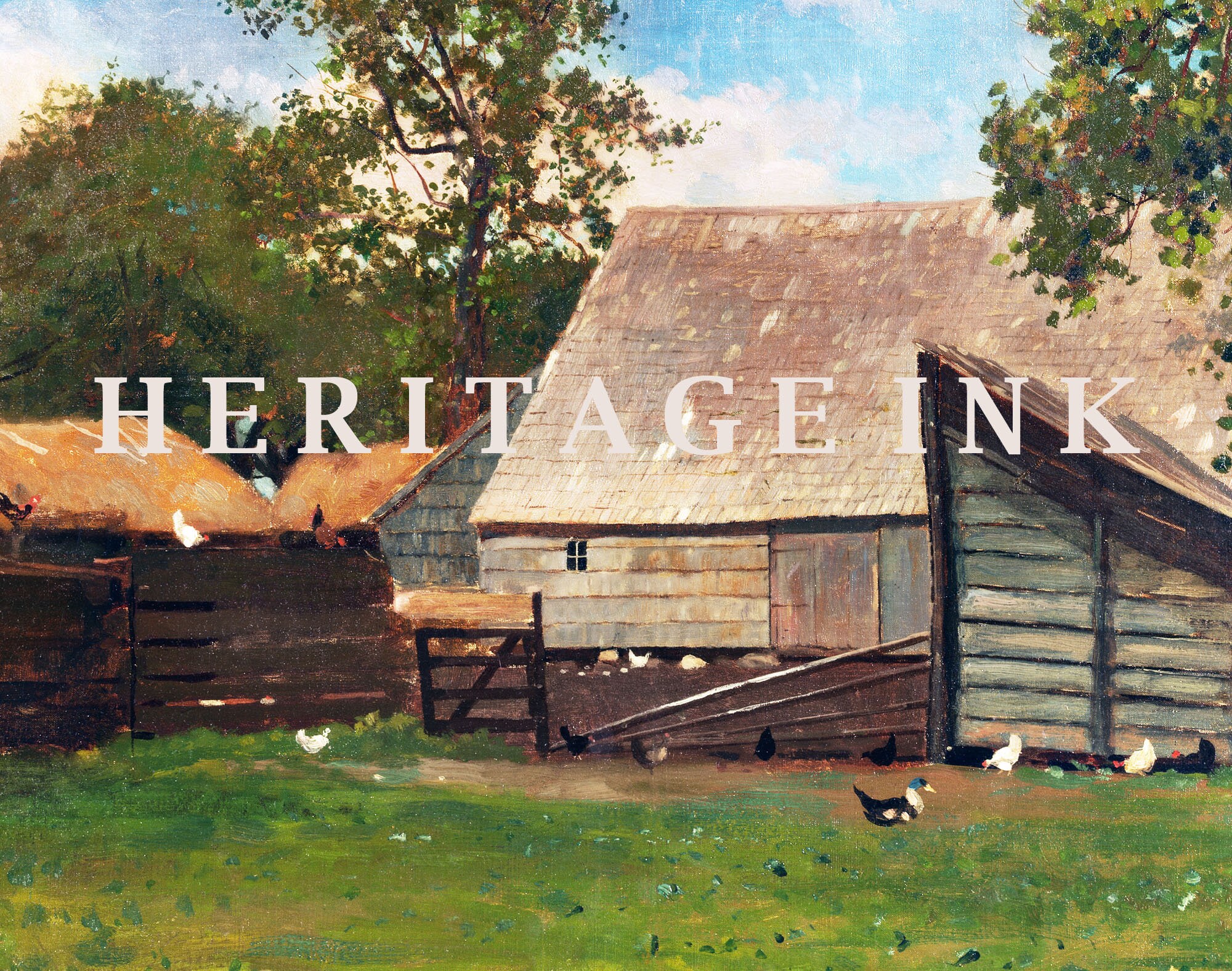 Farmyard Ducks Chickens Art Print | Vintage Country Landscape Livestock ...