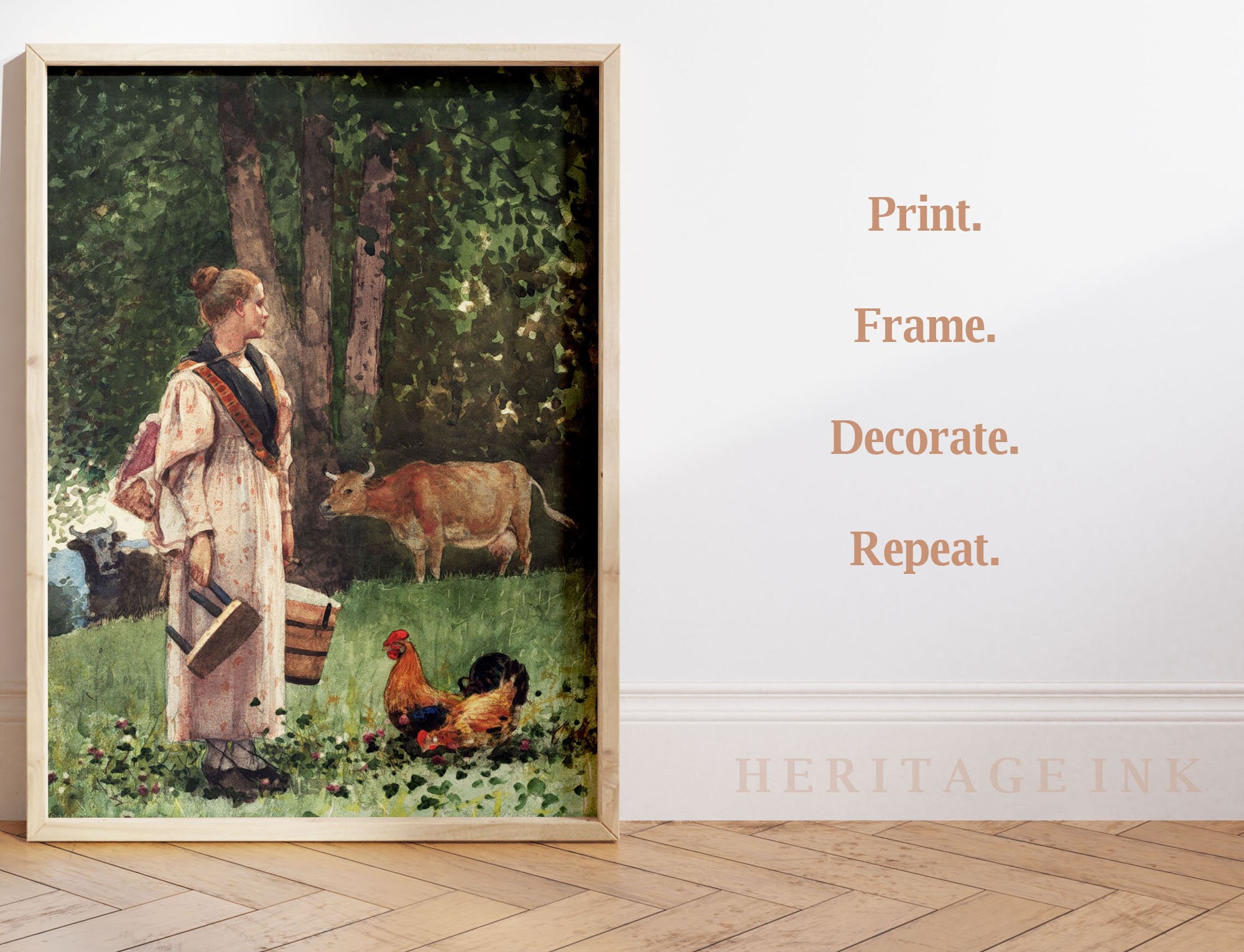 Woman Cow Chickens Vintage Animal Farm Portrait Vintage Farmhouse Oil ...