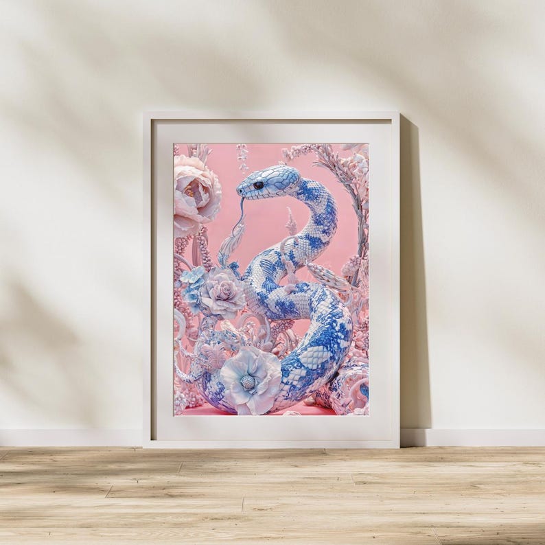 Oracle Snake Art Print - Blue and White Porcelain Serpent Wall Decor ...