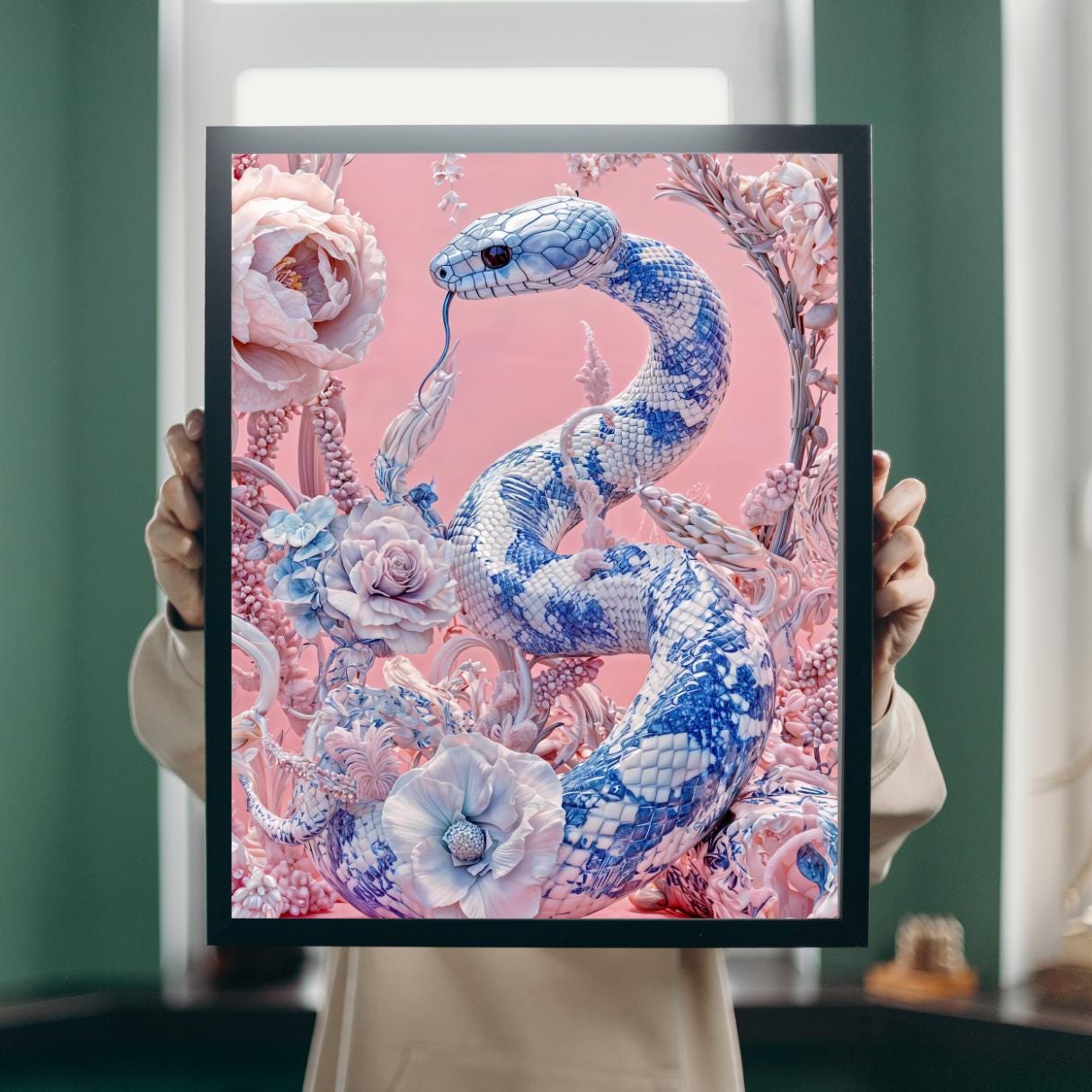 Oracle Snake Art Print - Blue and White Porcelain Serpent Wall Decor ...