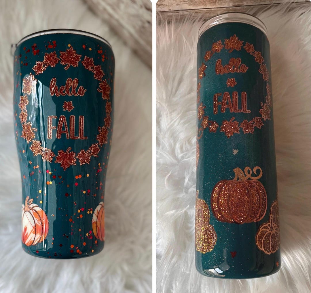 Hello Fall Turquoise Glitter Tumbler – Personalized Epoxy Travel Mug - Etsy