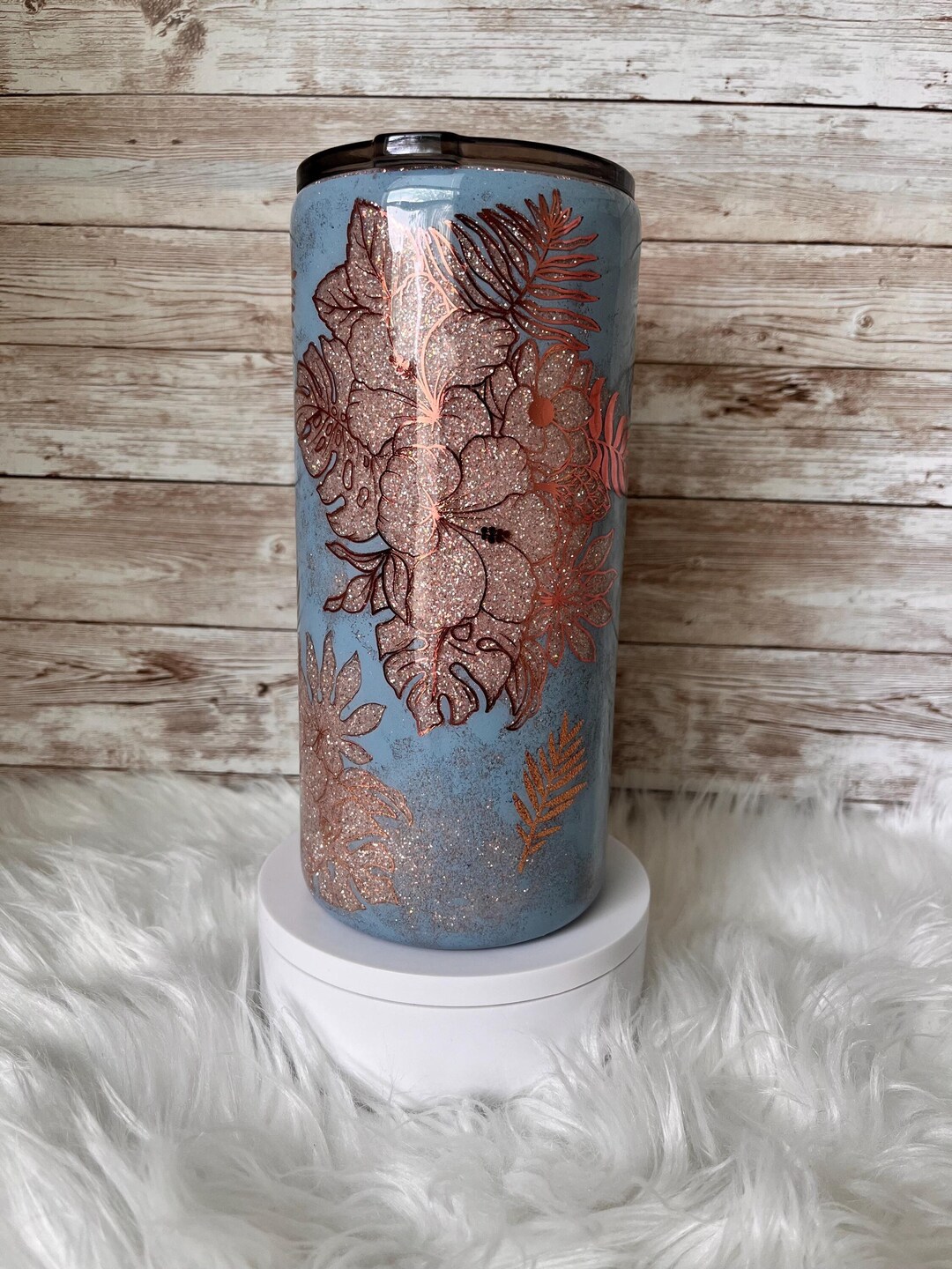 Rose Gold Glitter Tropical Florals on Blue Epoxy Resin Personalized ...