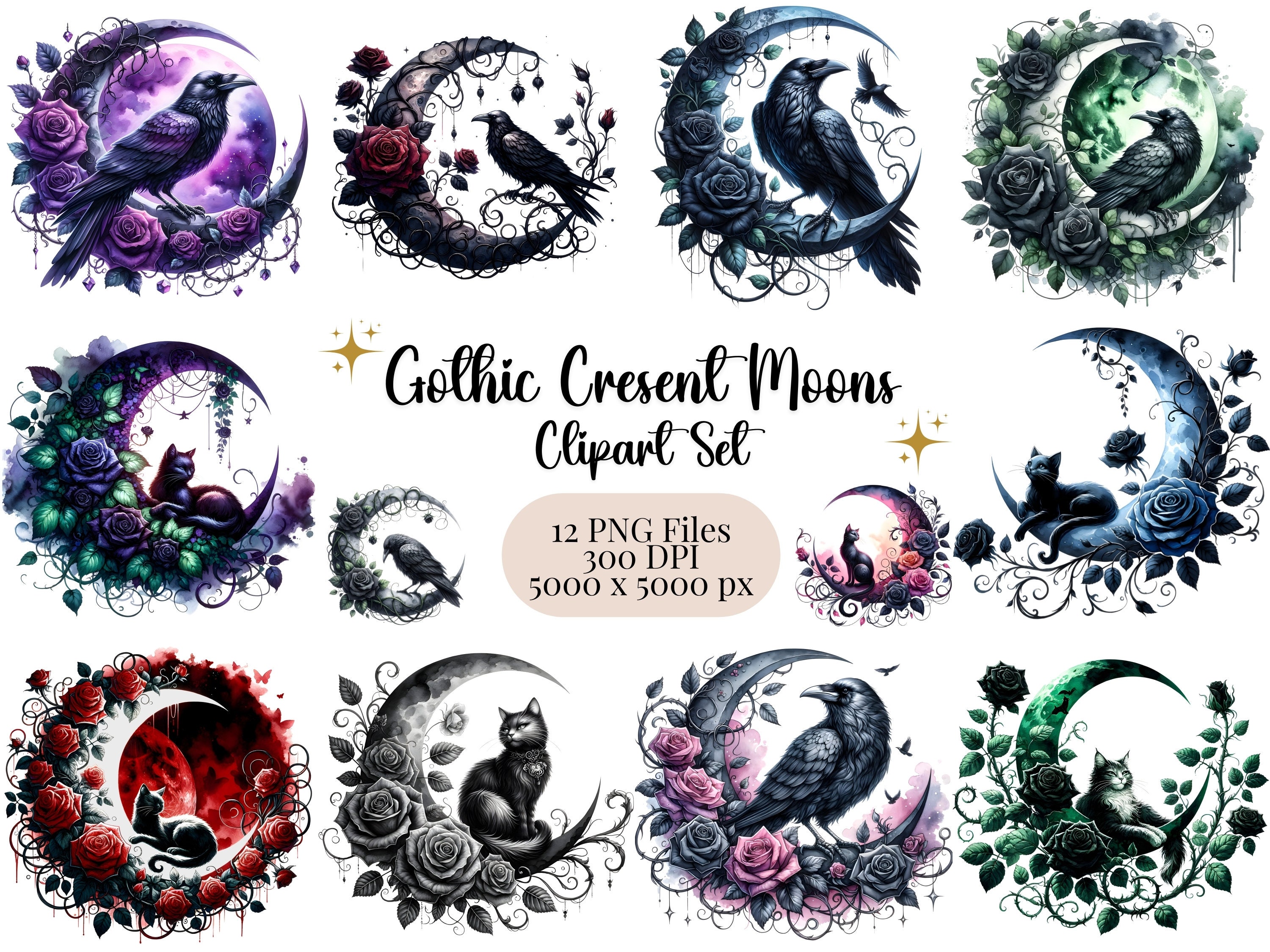 Gothic Moon Clipart Bundle: Raven & Cat PNG Designs (digital Download ...