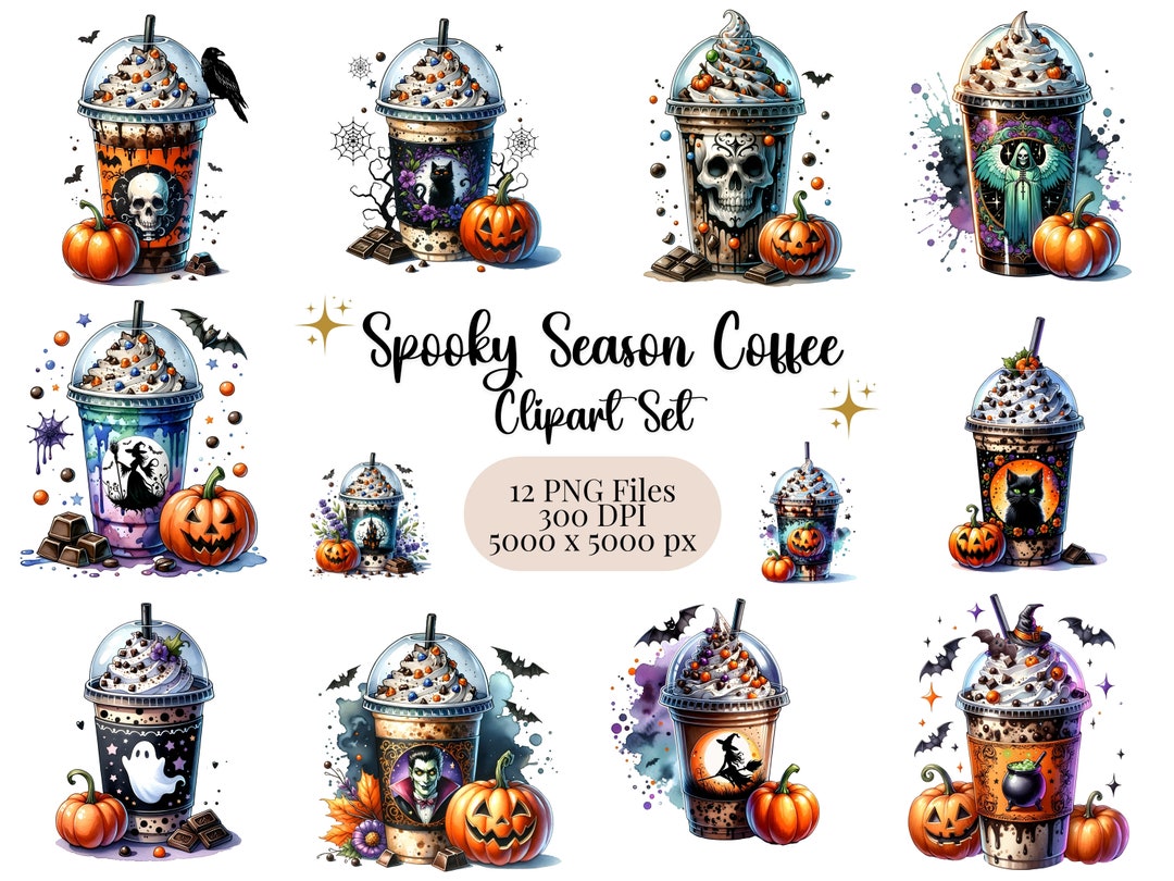 Gothic Watercolor Coffee Clipart: Spooky Halloween PNG Bundle (digital ...
