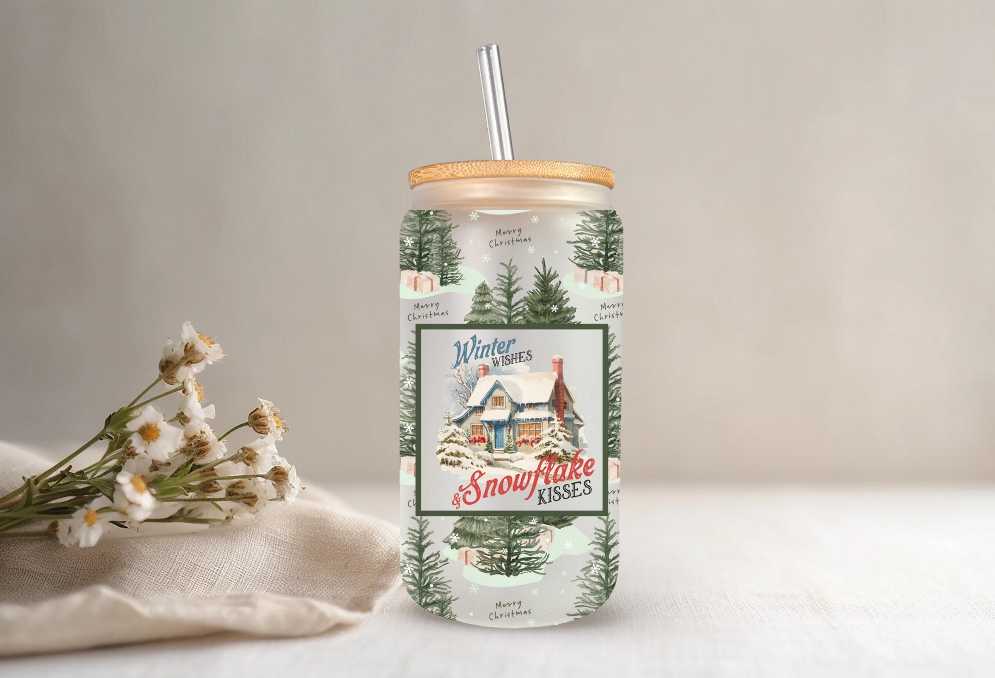 Christmas Cottage 16oz Tumbler Wrap: Snowy Winter Design (PNG Digital ...
