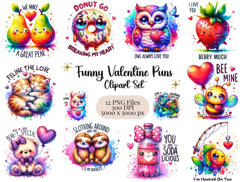Funny Valentine Puns Clipart, Animals & Treats, PNG (digital Download ...