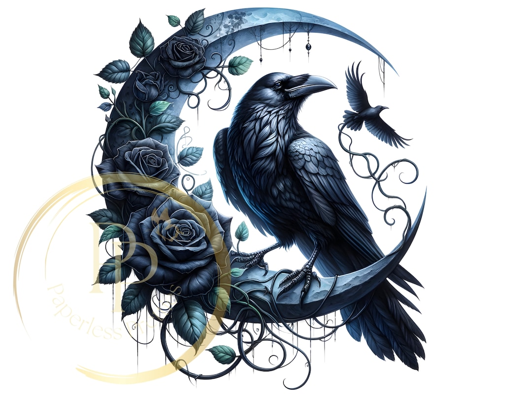 Gothic Moon and Raven Clipart Floral Raven Sublimation Design Instant ...
