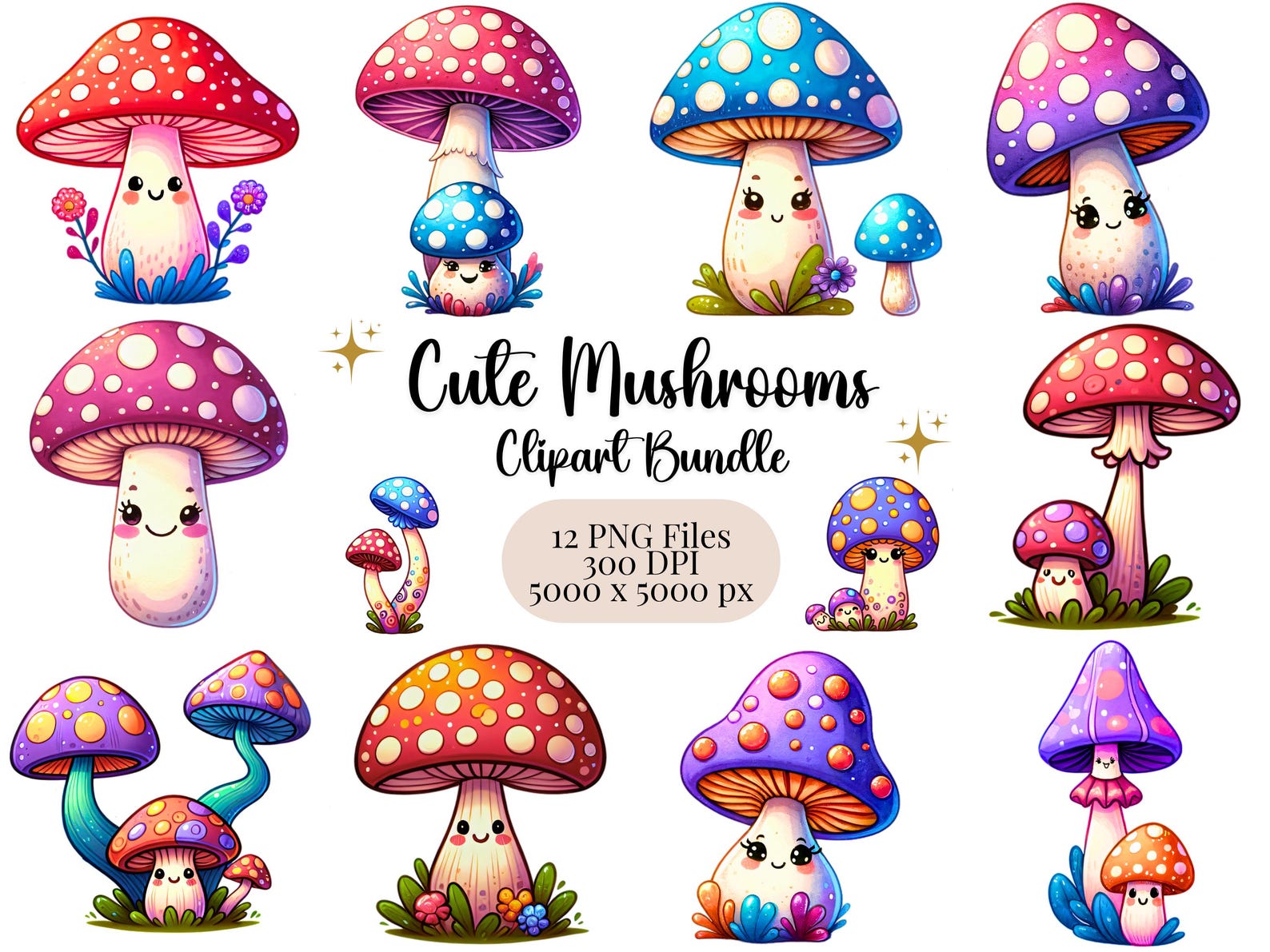 Kawaii Mushroom Clipart PNG Bundle, Sublimation Designs (digital ...
