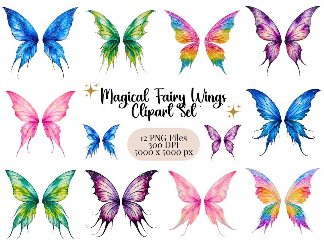 Watercolor Fairy Wings Clipart: Rainbow Angel Wings PNG Set (digital ...