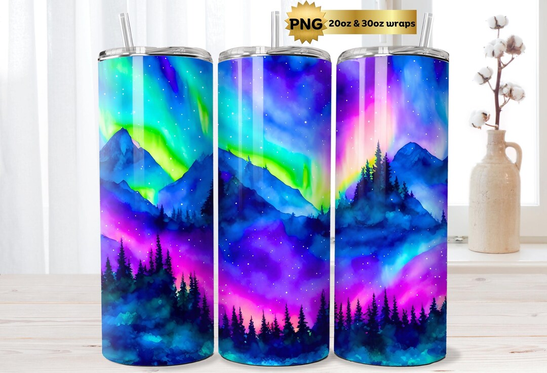 Aurora Borealis Tumbler Wrap, Northern Lights Mountain Scape (PNG ...