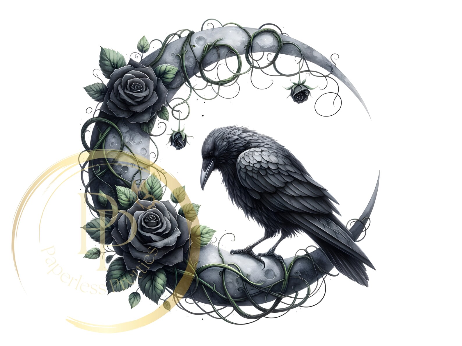 Gothic Moon and Raven Clipart - Floral Raven Sublimation Design ...