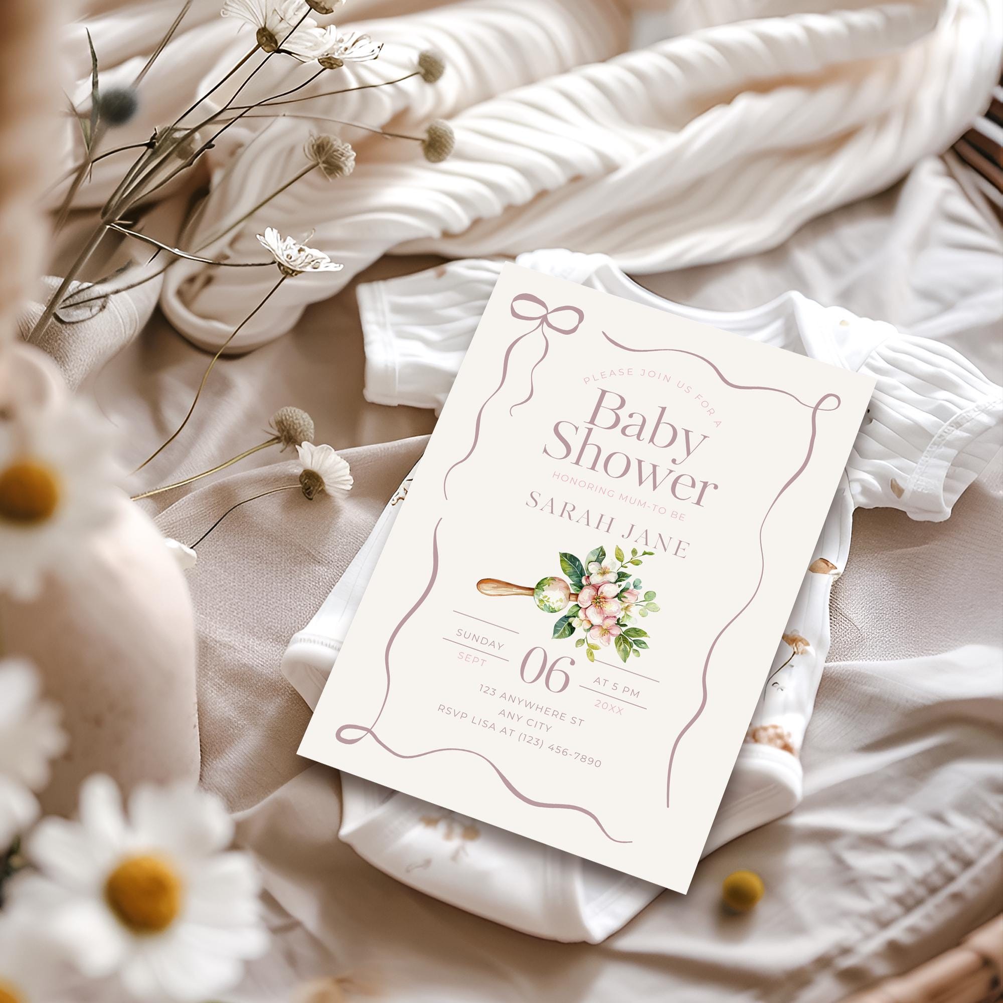 Elegant Ribbon Border Baby Shower Invitation, Dusty Pink Modern Invite ...