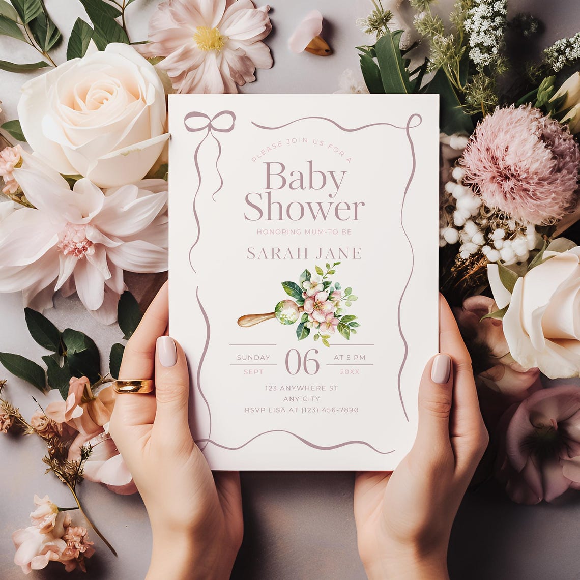 Elegant Ribbon Border Baby Shower Invitation, Dusty Pink Modern Invite ...