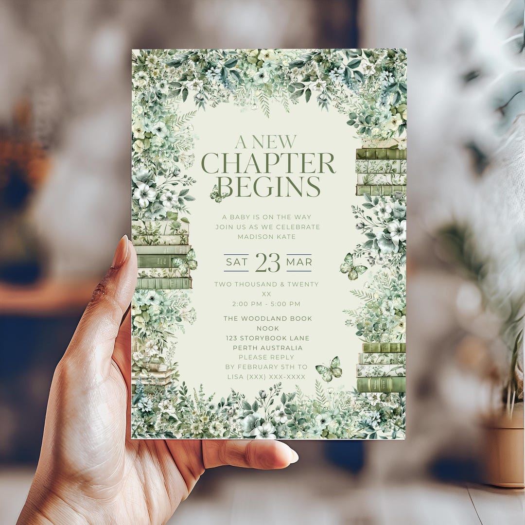 A New Chapter Baby Shower Invitation, Sage Green Baby Shower, Canva ...