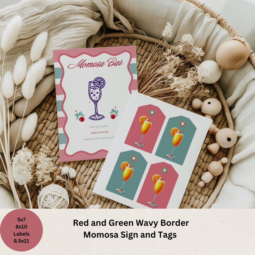 Red and Green Wavy Momosa and Momosa Tags, Momosa Baby Shower Sign ...
