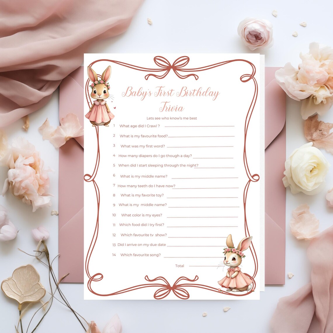 Babys First Birthday Trivia, Party Game Editable, Cute Ribbon Frame ...